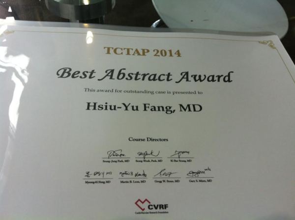 高雄長庚方修御(Hsiu-Yu Fang) tctap 2014 best abstract award 及best case award ...